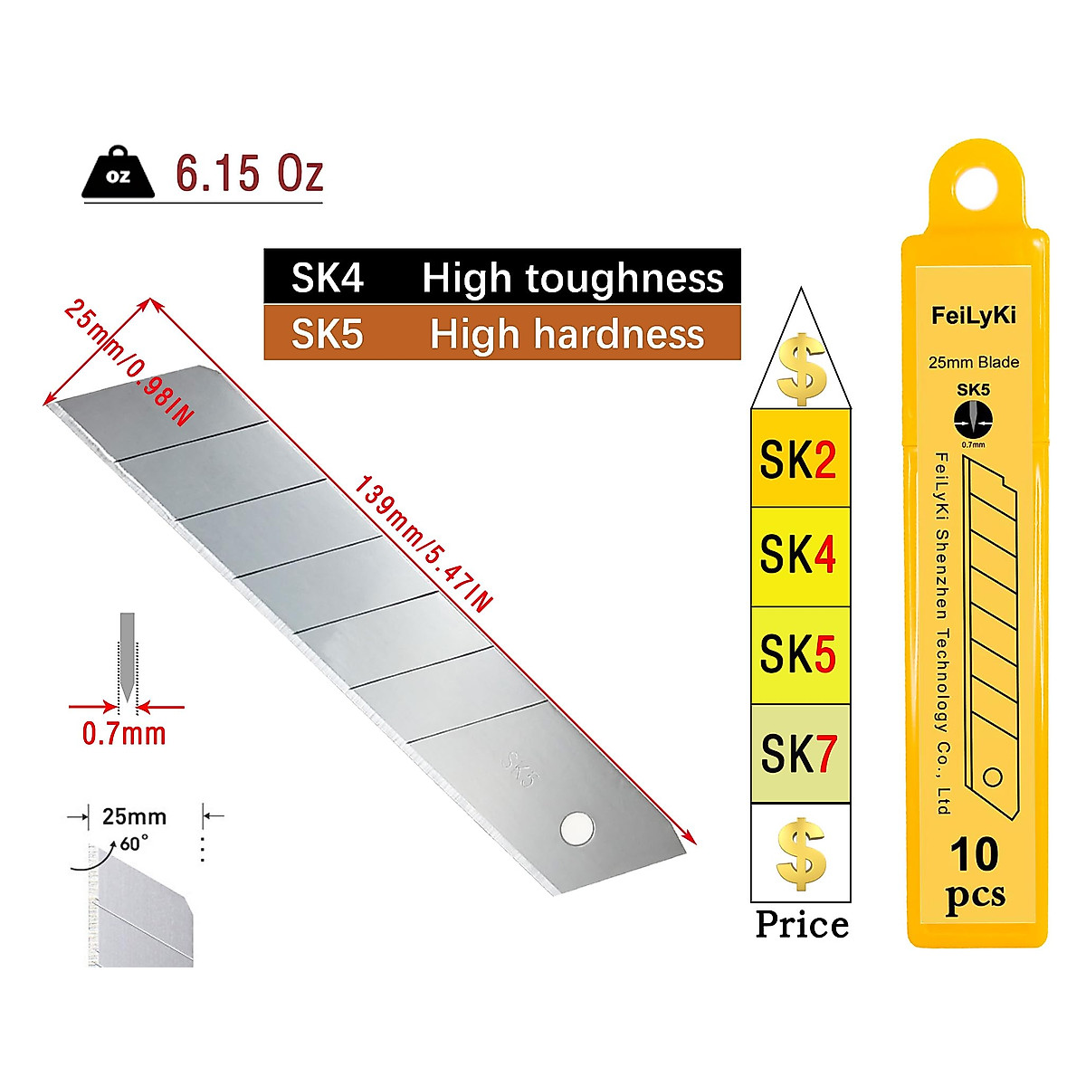 FeiLyKi 20-Pack 25mm Blade Knife Blades Snap Off Blades,SK5 Steel Sharp Silver-2064
