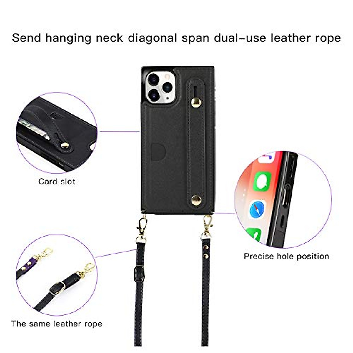 DEFBSC Crossbody Case for iPhone 12, iPhone 12 Pro Case 5G, Finger Strap Wallet Case with PU Kickstand and Adjustable Detachable Crossbody Strap Card Slot Heavy Duty Protective Square Cover-Black