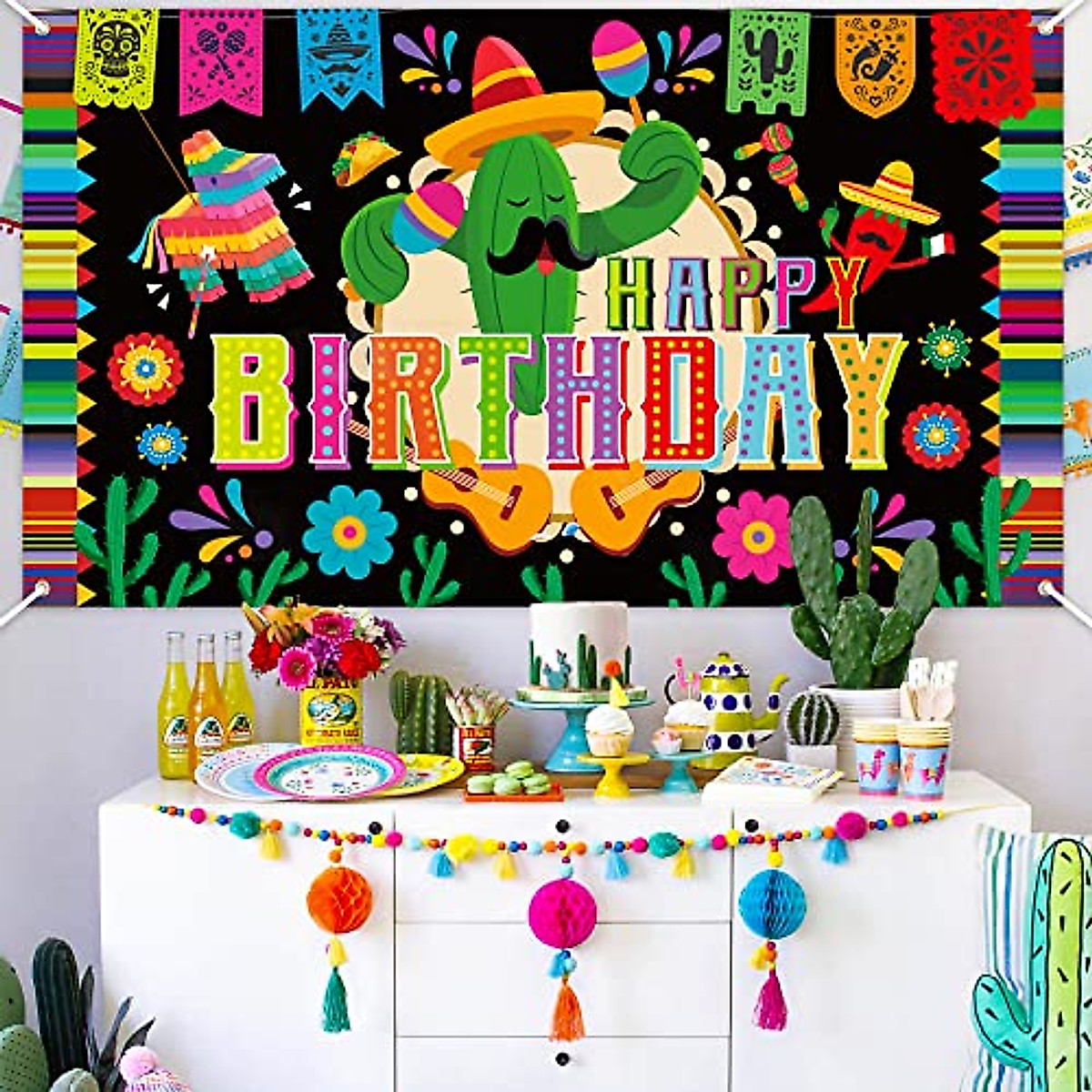 WATINC Mexican Fiesta Happy Birthday Backdrop Banner XtraLarge Mexico Cinco De Mayo Background May 5 Carnival Theme Party Decorations Supplies Photo Booth Props for Indoor Outdoor Wall 78 x 45 Inch
