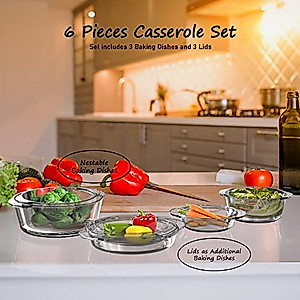 ums Glass Casserole with Lids - Set of 6 Pieces. Glass Casseroles Cookware with Glass Lid, Glass Casserole Dish Set, Borosilicate Glass Durable Bakeware Set, Glass Bowls Dish Oven & Microwave Safe