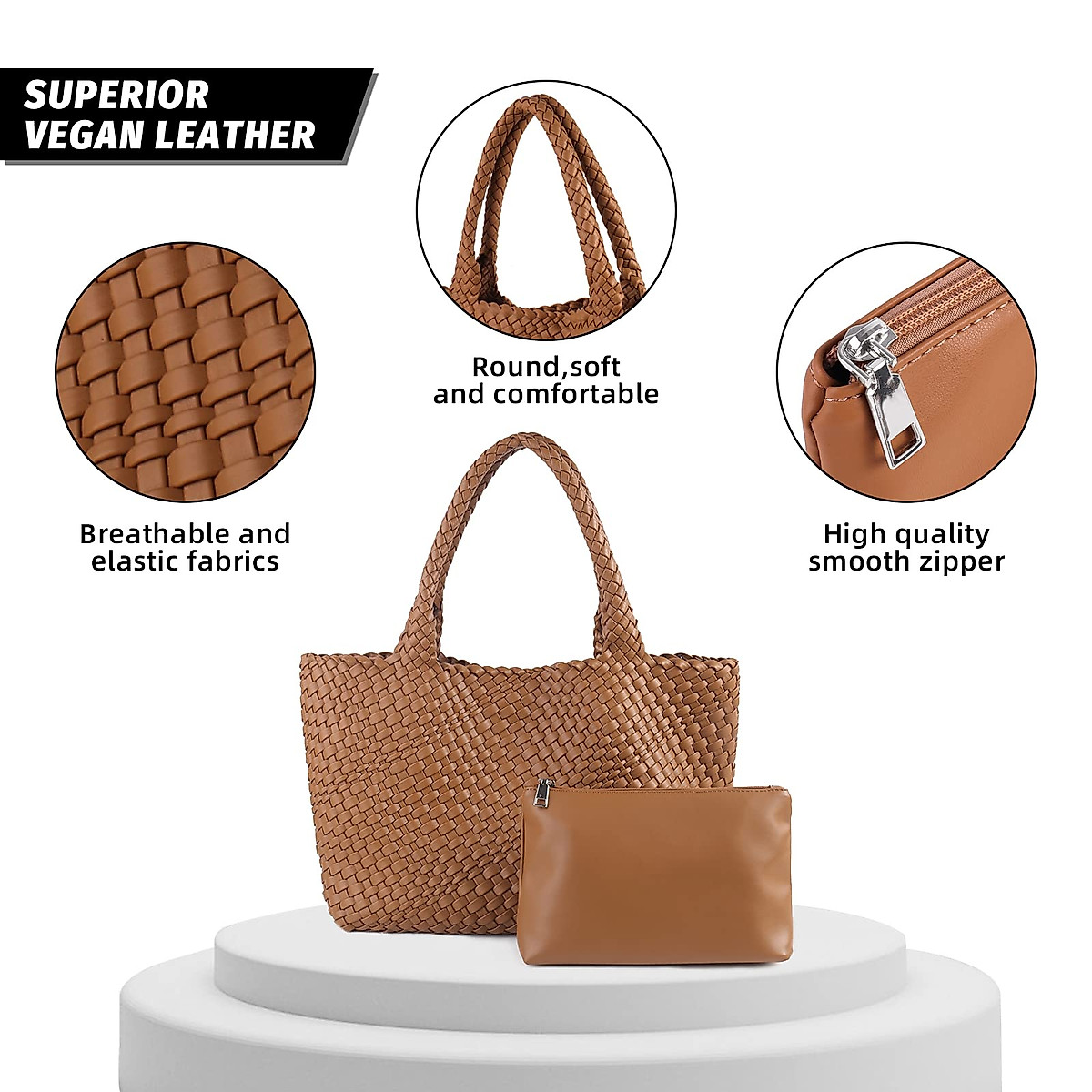 Brown Vegan Leather Woven Tote Bag for Women - Large Beach Bag with Small Purse, Handmade Top-handle Travel Handbag