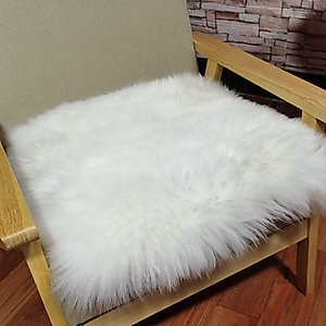 Champlus Sheepskin Chair Cushion Pad Genuine Australian Sheepskin Seat Cushion Fur Chair Cover, Square 17'' x 17'' Small Sheepskin Rug Pad for Kitchen, Office, Dining, Chairs - 1 Piece Ivory