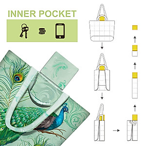 NymphFable 2 Pack Tote Bag Reusable Peacock Green Shopping Bags Washable Foldable Polyester Grocery Bags