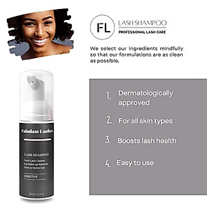Lash Shampoo for Lash Extensions Kit - Cleaning Brush & Mascara Wand - Sensitive Foaming Eyelash Extension Cleanser Eye Makeup Remover - Paraben, Sulfate, Oil Free - Salon & Home Use (60ml/ 2fl Oz)