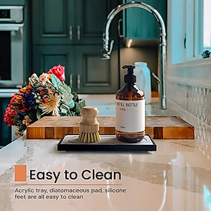 Authumberdale Instant Dry Sink Caddy Organizers, Sponge Holder for Kitchen Sink Counter, Water Absorbing Stone Drying Mat Rack, Soap Dish for Bathroom Countertop, Black Acrylic Tray with Grey Stone