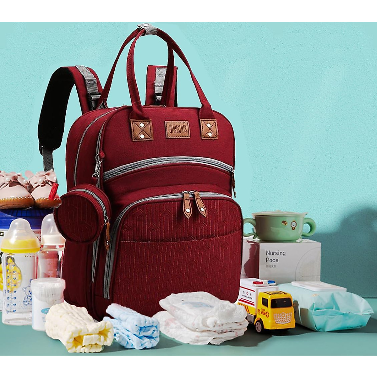 Vviitop Diaper Bag Backpack, Travel Baby Bags with Stroller Straps, Maternity Back Pack for Baby Large Internal Storage 13 Pockets for Mom and Dad (Red)