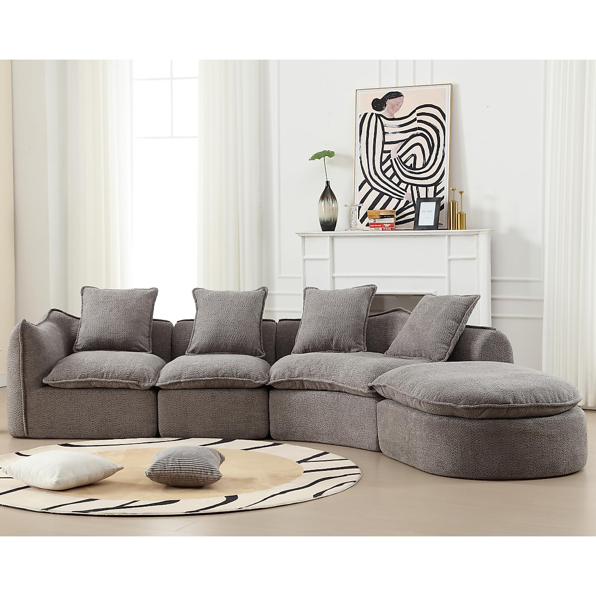 Haplized 137.8” Curved Boucle Sofa Couch, Modern Sectional Sofa Cloud Deep Seat Couch with 4 Pillows, Comfy Modular 5-Seat Couches for Living Room Apartment (Grey)