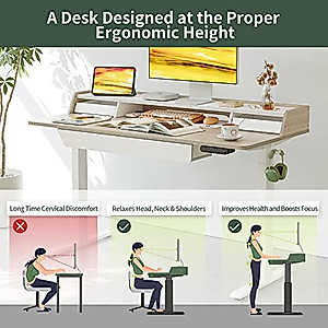 FEZIBO Standing Desk Adjustable Height with Drawers, 55 x 25 Inch Stand Up Desk with Storage Shelf, Electric Standing Desk with Storage Space, Light Walnut Top/White Frame