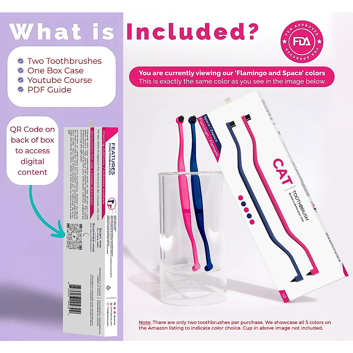 RYERCAT Set of Dual Sided Cat Toothbrushes - Kitten Toothbrush with Micro Head to fit into Kittens Mouth - Cat Dental Care Supplies Pet Toothbrush for Cats (Flamingo Pink and Space Blue)