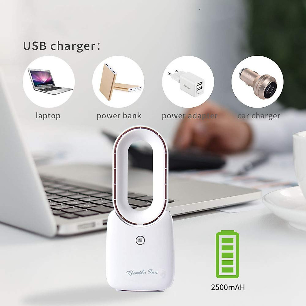 let'me Desk Fan, Small Bladeless Fan Quiet Table Fan, 11.8in Battery Operated Personal Desktop Fan with 5-Colors Lights, Touch Control, Rechargeable Breeze Fan for Bedroom, Office, Home