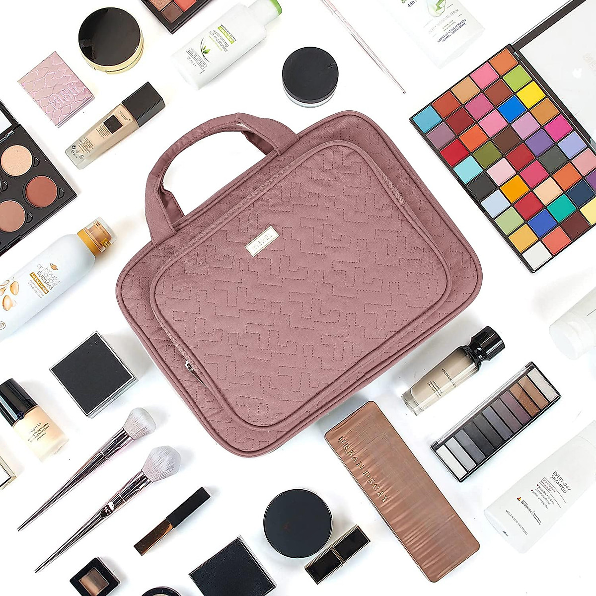 NISHEL Travel Toiletry Bag for Women Large Capacity, Makeup Essentials Organizer, Hanging Case for Accessories, Cosmetics, Rosewood-Pink