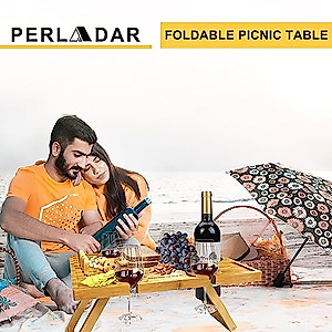PERLADAR Portable Picnic Table for Wine and Glass, Outdoor Wooden Foldable Champagne Picnic Table, Bamboo Snack & Cheese Tray for Beach/Indoor/Outdoor