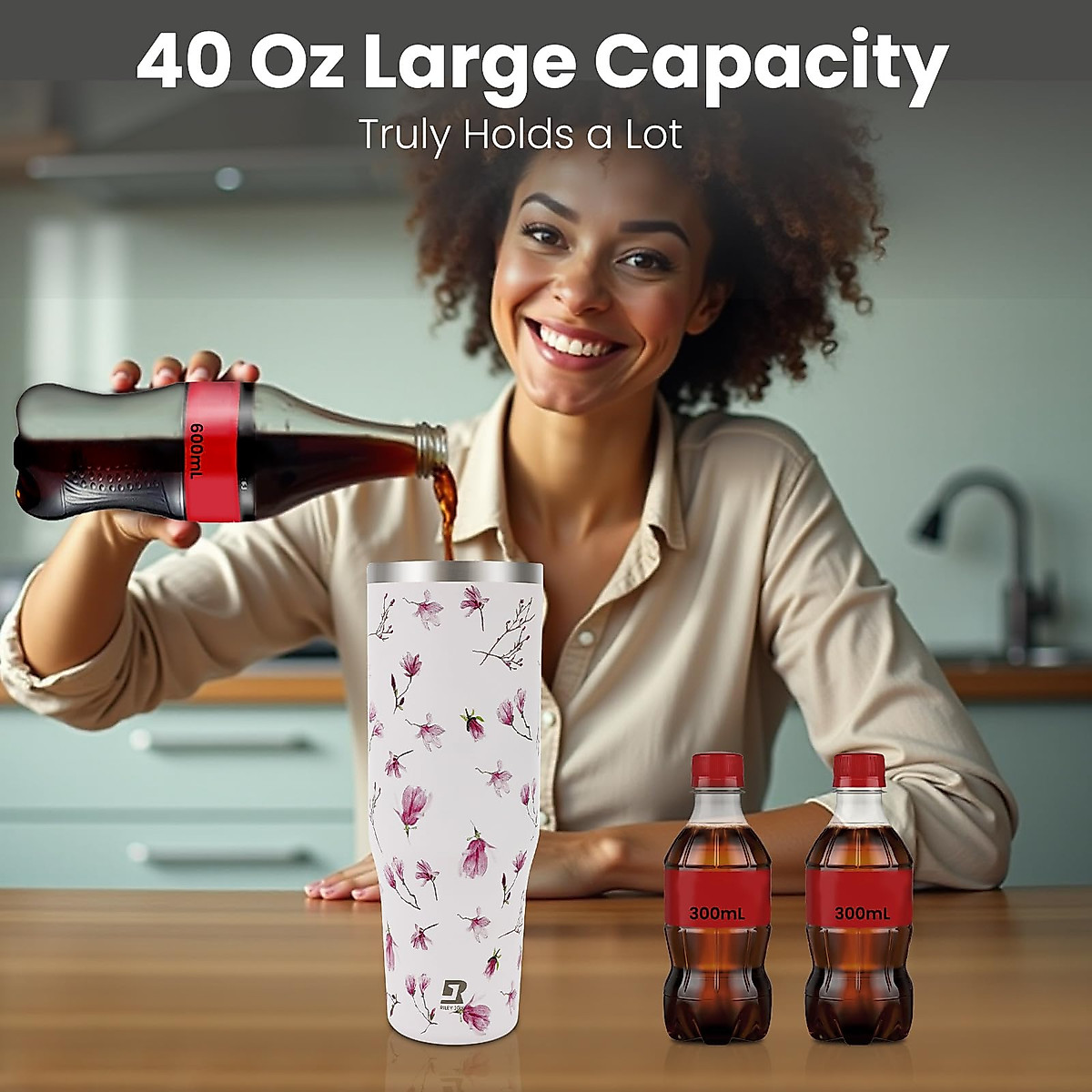 Riley Joy 40 oz Personal Style Stainless Steel Tumbler with Leak-Proof Lid and Straw, Double-Wall Vacuum Insulated Travel Mug for Coffee, Iced Tea, or Water - Ideal for Commutes and Outdoor