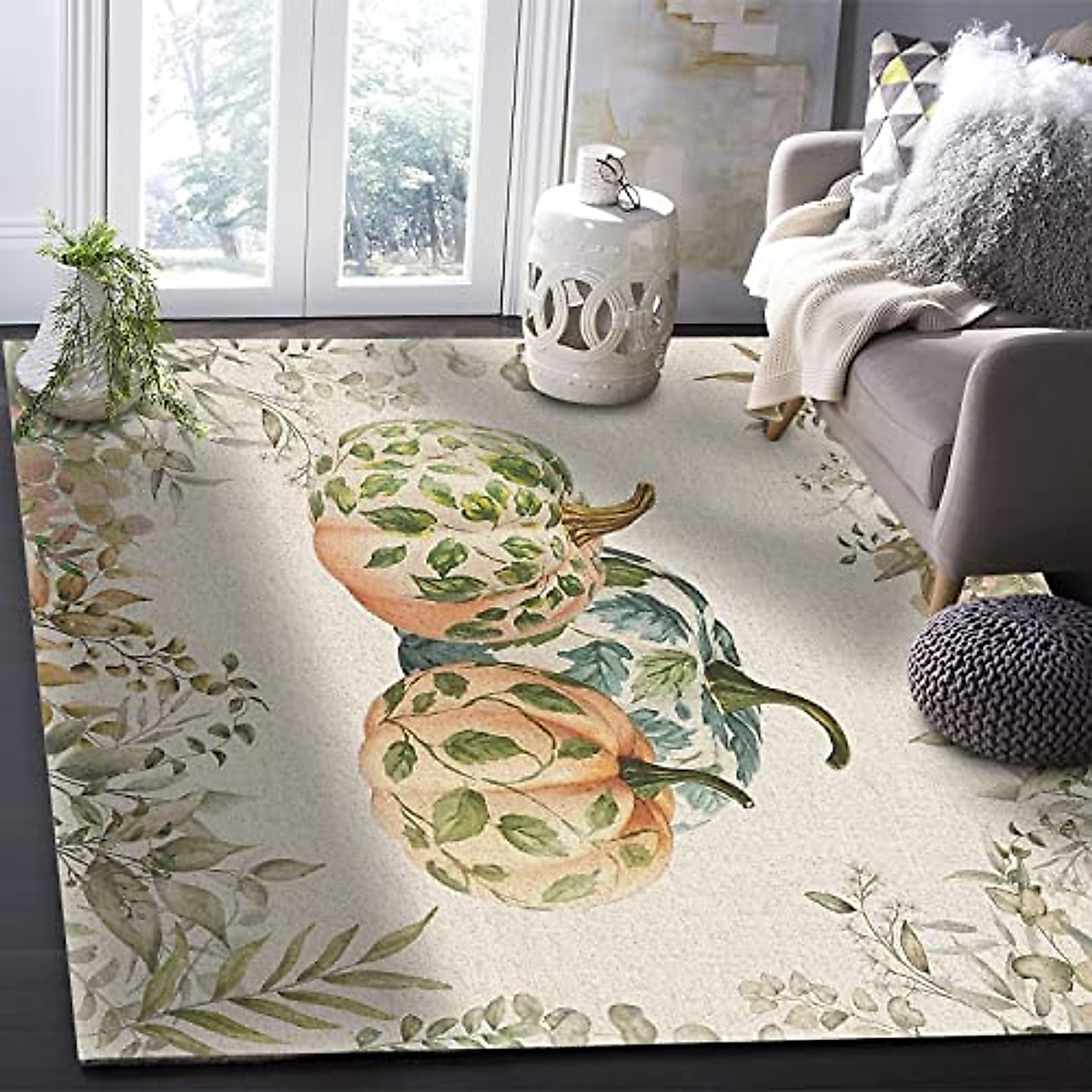 OComster Thanksgiving Rectangle Shape Large Area Rugs - 2 x 3 Feet Leaf Paint Pumpkin Eucalyptus Leaves Burlap Fall - (Non-Woven + Rubber) Low File Floor Mat