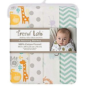 Mint Jungle 4 Pack Flannel Blankets - 4 Deluxe Flannel Blankets, Chevron, Crayon Jungle, Dot, Lullaby Zoo Print, Mint, Yellow, Gray, Orange, 30 in x 30 in