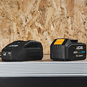 JCB Tools - JCB 20V Lithium-Ion 5.0Ah Battery With Charge Remaining Indicator And 2.4A Fast Charger - For JCB 20V Power Tools, Drills, Saws, Jigsaw, Angle Grinder, Miter Saw, LED Work Light, Recip Saw