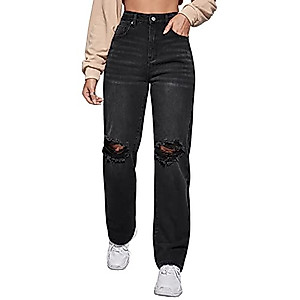 SweatyRocks Women's High Waist Ripped Jeans Distressed Raw Hem Denim Pants Solid Black M