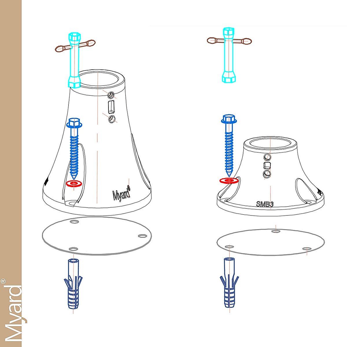 SMB3 Myard 3" Surface Mount Base Anchor Flange for 1.9" Swimming Pool Rail Handrail Ladder to Concrete or Wood Deck (Ivory White, 1-Pack)