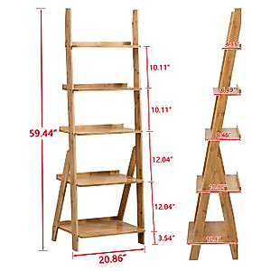 DOUSY- 5-Tier Bamboo Ladder Shelf Ladder Bookshelf Plant & Flower Stand Bookcase, Freestanding Storage Rack Organizer Display Shelf for Living Room, Home Office, Bedroom, Balcony, Natural Wood