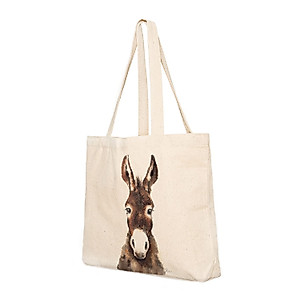 Canvas Tote Bag, Animal Design, Heavy Duty Gusseted, 100% Natural Cotton, for Shopping, Grocery, Laptop, School Books (T-DONKEY-XL)