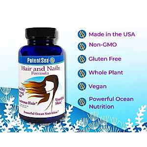 PotentSea Natural Hair, Nail, and Skin Supplement, Grow Strong, Healthy Beautiful Hair and Nails, Glowing, Youthful Skin, 120 veg caps