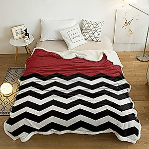 Sherpa Blanket Flannel Fleece Throws Red Black White Zig Zag Ripple,Soft Warm Cozy Fuzzy Throw Blankets Minimalism Modern Art,Shaggy TV Throw for Sofa Couch Bed Camping Travel All Season 50x80In
