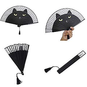 bifofo Handheld Fan, Cartoon Cat Folding Silk Fan Handheld Fan, Men Women Silk Folding Fan with Bamboo Frames and Elegant Tassel for Dancing Cosplay Wedding Party Props Decoration (Cartoon Cat)