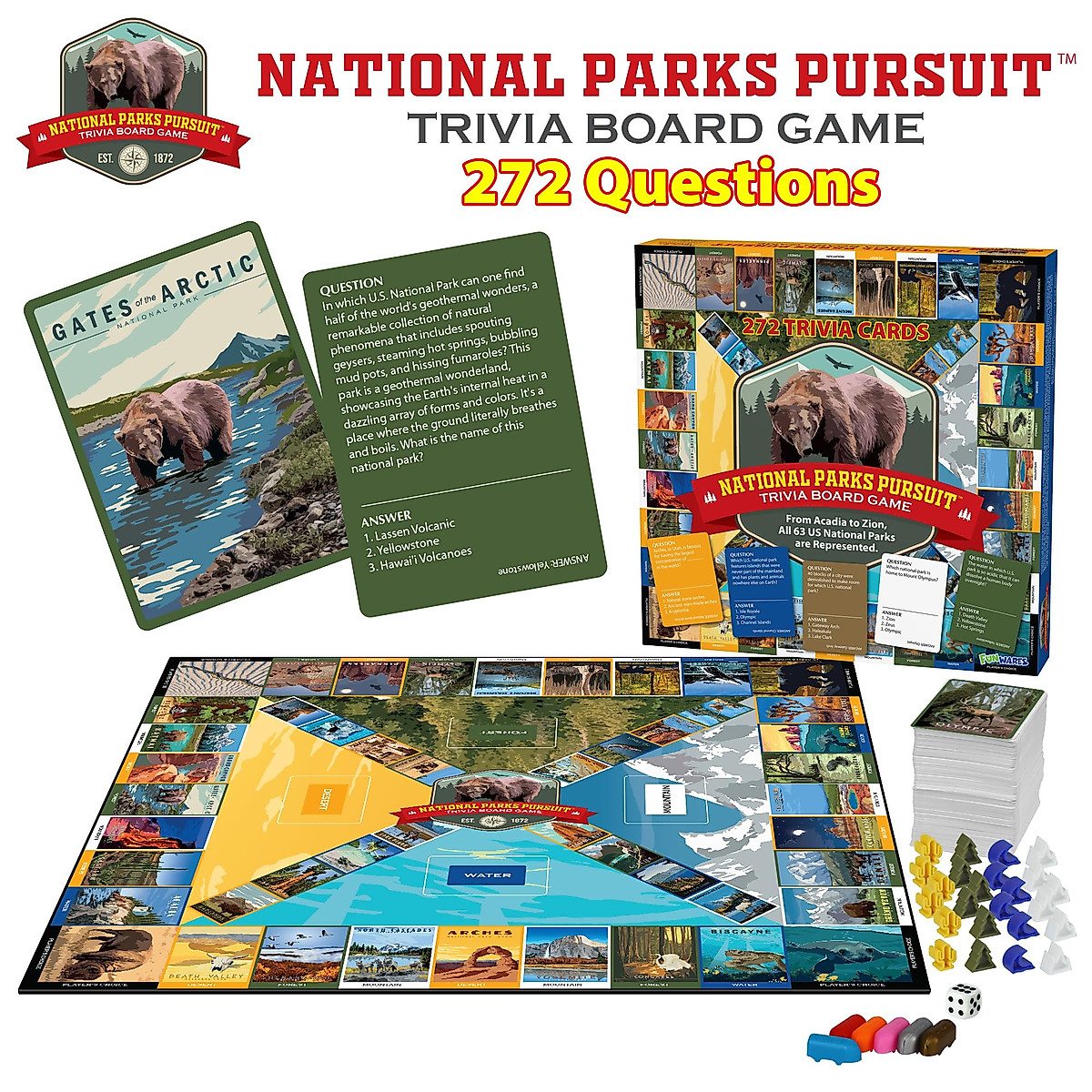 Funwares National Parks Pursuit Trivia Board Game Just Got Better - All 275 Trivia Questions Updated! Explore All 63 U.S. National Parks, Family Board Game for Kids, Teens and Adults, 2-6 Players
