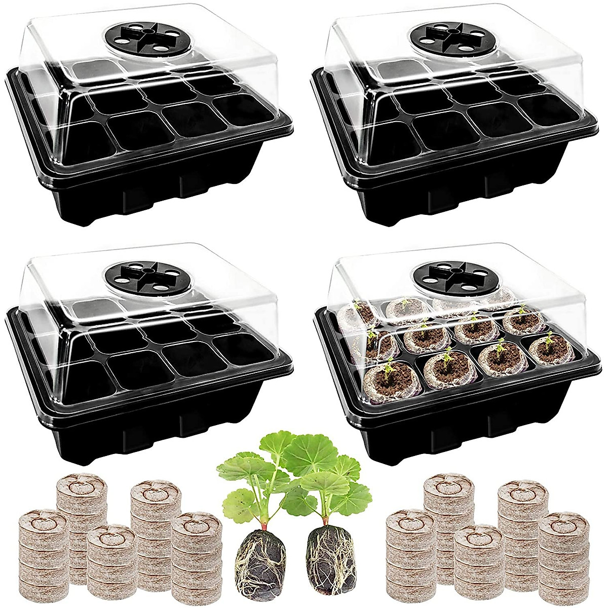 Halatool Seed Starter Kit 4 Pack 48 Cells Black Seed Starter Tray with 50 PCS Peat Pellets for Seedlings Organic Seed Stater Soil Pods for Planting Vegetables Plants Flowers & Starting Seeds