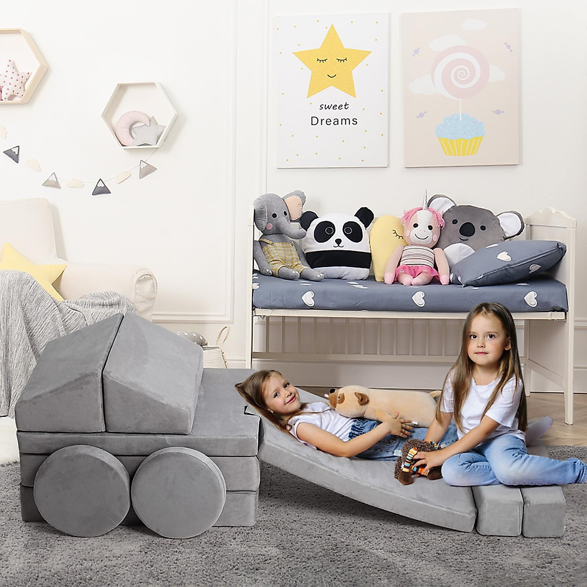 12 Pcs Modular Kids Play Couch, Convertible Sofa for Playing, Creating, Sleeping, Bedroom and Playroom Imaginative Furniture for Boys and Girls, Grey