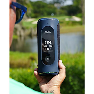 Blue Tees Golf Player+ GPS Speaker with Touch Screen Display, 10+ Hours Battery, 40,000+ Courses, Visual + Audible Distance, Hazard Distance - IPX7 Waterproof (Black)