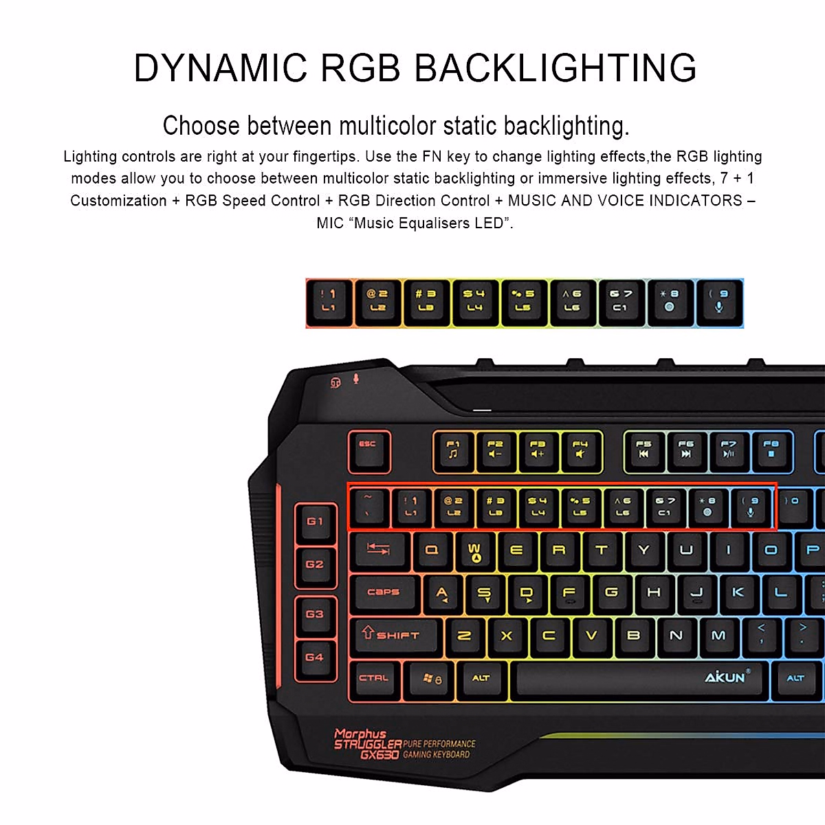 AIKUN Full Size Membrane Gaming Keyboard With 4 Macro Gaming keys,Voice Sensitive Rainbow Backlit,26 Anti-Ghosting Keys,Audio and USB Passthrough,Spill Resistant, Mobile Device Slot,Multimedia Control