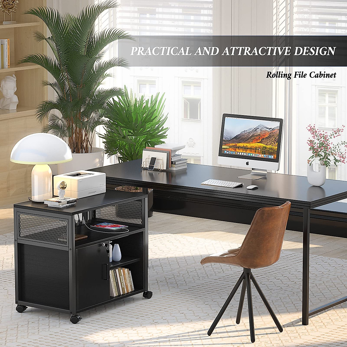 Unikito File Cabinet with LED Lights, Lateral Filing Cabinet with Power Outlets and USB Charging Ports, Mobile Printer Stand with Storage, Office Cabinet for Letter, A4, Legal and File Folders, Black