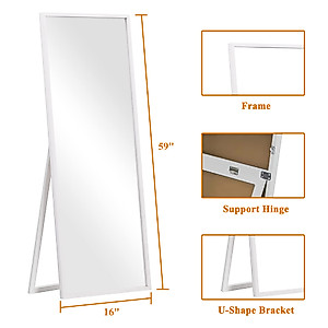 NeuType 59" X 16" Full Length Mirror MDF Frame Floor Mirror Wall Mirror Dressing Mirror Hanging or Leaning Against Wall Standing Mirror Bedroom Mirror Full Body Mirror White with Stand