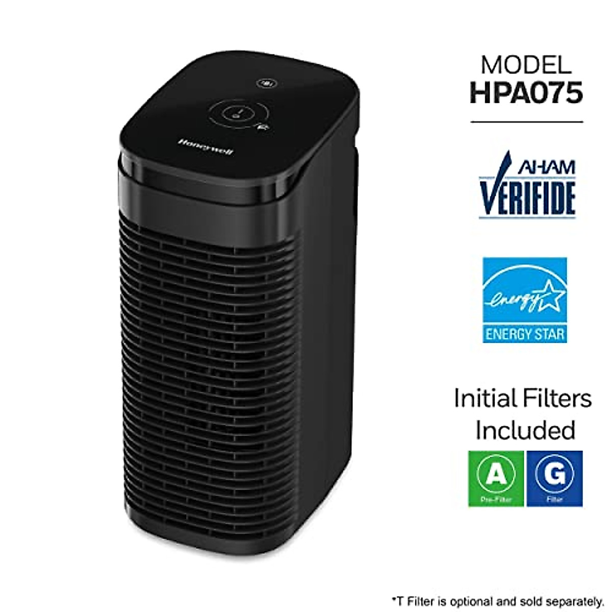 Honeywell HPA075B Allergen Plus Series Compact HEPA Air Purifier Tower, Allergen Reducer for Medium Rooms (100 sq ft), Black - Wildfire/Smoke, Pollen, Pet Dander & Dust Air Purifier