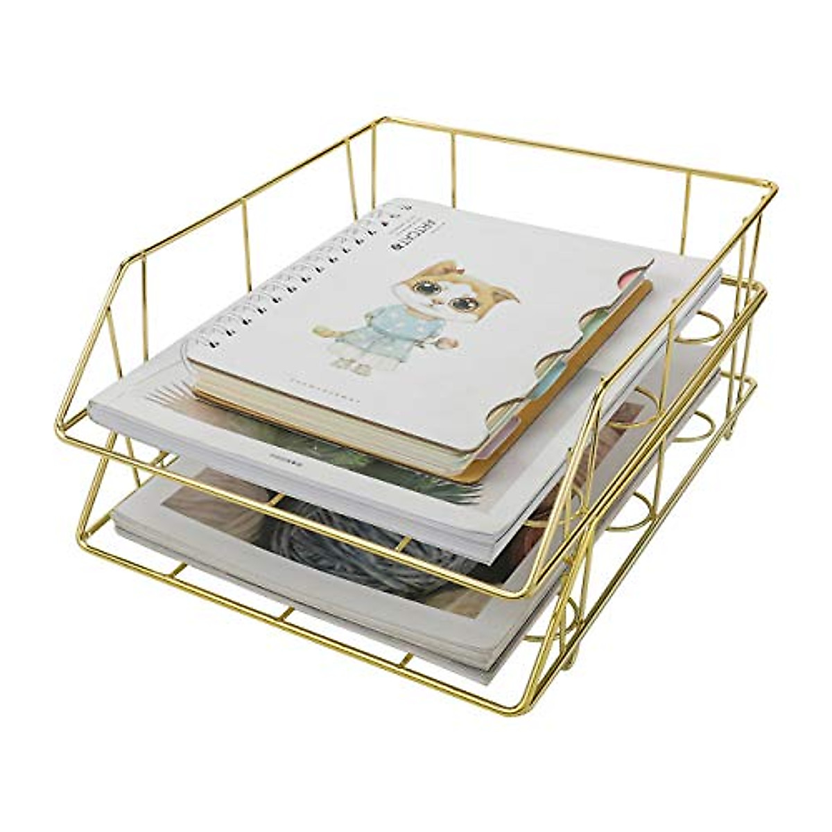 PAG Metal Stackable Letter Tray Desktop File Organizer Paper Holder Rack, 2 Pack, Gold
