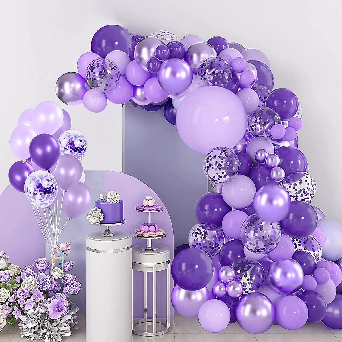 UniStylar 147Pcs Purple Balloons Garland Arch Kit, Light Pastel Lavender Silver Metallic Confetti PurpleBalloons for Womens Girls Baby Shower Wedding Birthday Party Decorations(Purple Silver)