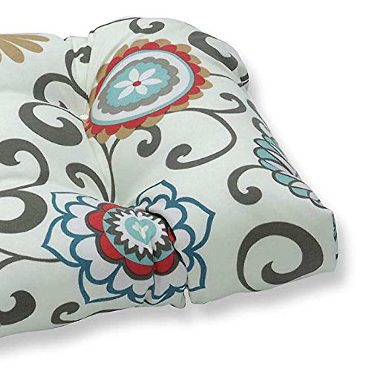 Pillow Perfect Floral Indoor/Outdoor Sofa Setee Swing Cushion, Tufted, Weather, and Fade Resistant, 19" x 44", Blue/Brown Pom Pom Play, 1 Count