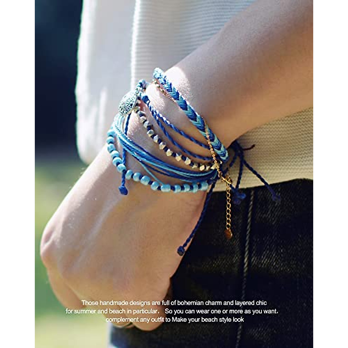 Mezcla Vida Bohemian Starfish Charm Silver Zinc Beaded Waterproof Rope Surfing Bracelets Sets For Women Teen Girls, Beach Handmade String Jewelry (BLUE, Zinc Alloy)