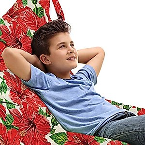 Ambesonne Hawaii Lounger Chair Bag, Botanic Inspirations Floral Bouquet Hand Drawn Red Hibiscuses Retro Theme, High Capacity Storage with Handle Container, Lounger Size, Beige Fern Green Red