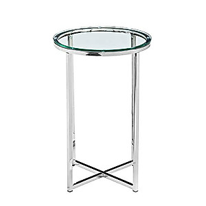Walker Edison Cora Modern Glass Top Round Accent Table with X Base, 16 Inch, Glass and Chrome