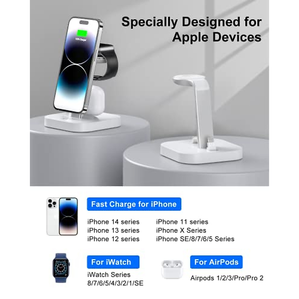 Charging Station for Multiple Devices - ADADPU 3 in 1 Wireless Charger Stand for Apple Watch Series 8/7/6/5/4/3/2/SE Phone Charging Dock for AirPods iPhone 14/13/12/11 Pro X Max XS XR 8 7 Plus