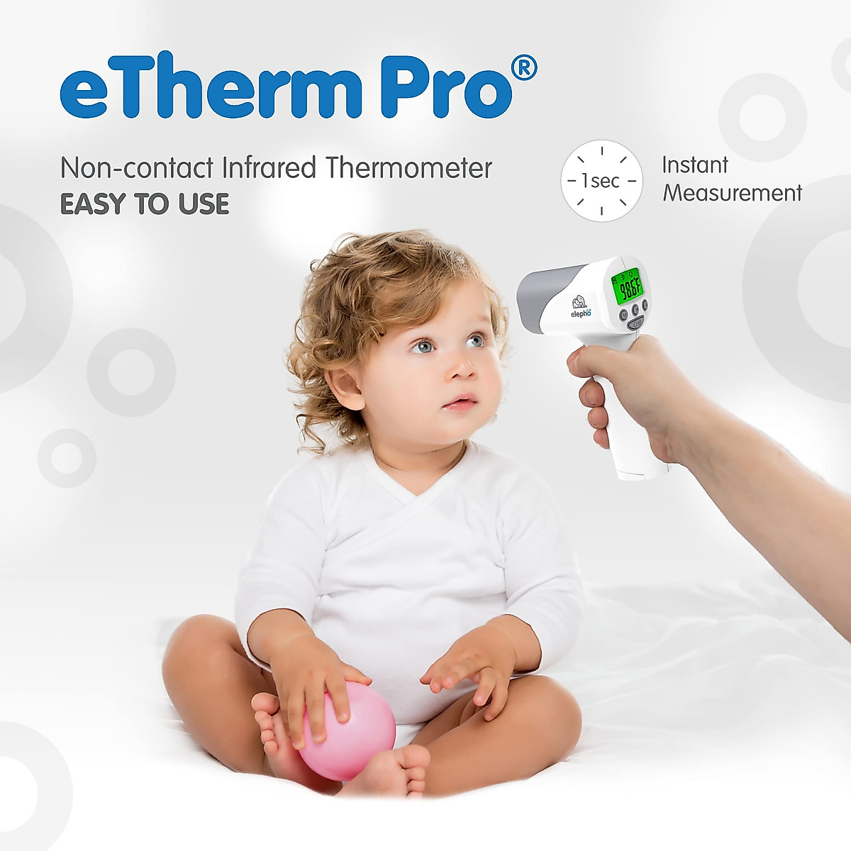 Elepho eTherm Pro Medical Quality Non-Contact IR Forehead Thermometer for Family or Office Use. Instant Body, Object, or Liquid Readings. Large LCD Display. 32 Memory Readings