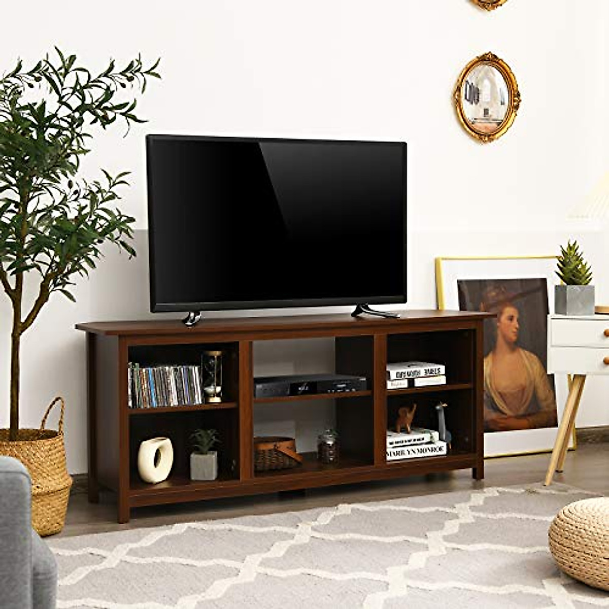 Tangkula Farmhouse Universal TV Stand for TV's up to 65" Flat Screen, Home Living Room Entertainment Center w/4 Open Shelves, TV Console Table for 18 Inch Electric Fireplace (Not Included), Coffee