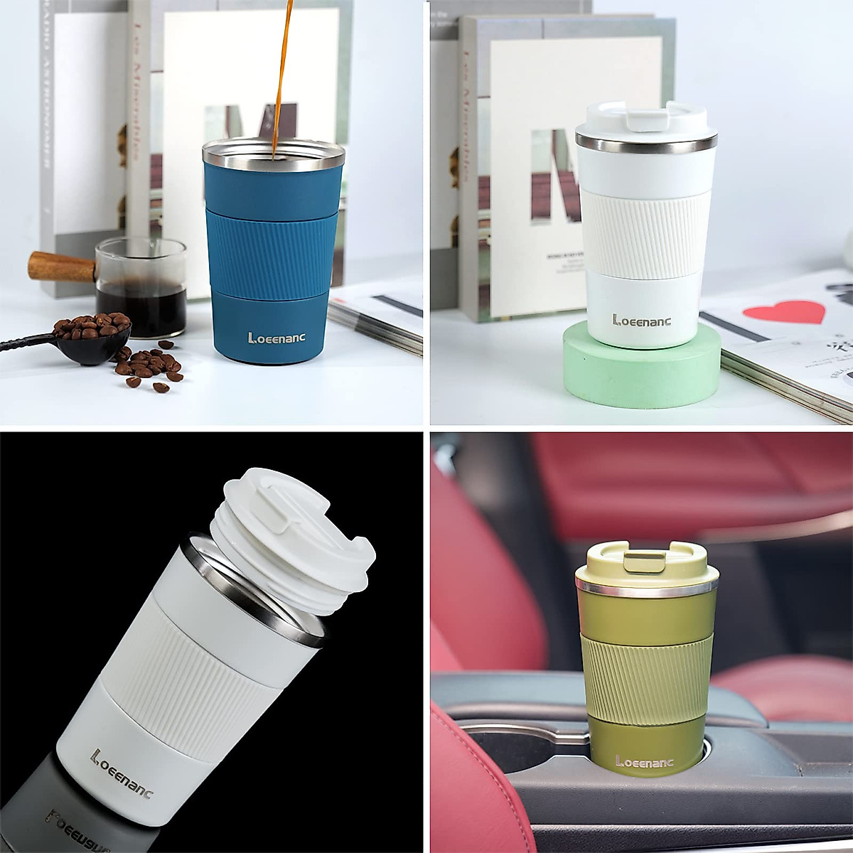 LOEENANC 12oz Travel Mug, Insulated Coffee Cup, Leak Proof, Anti-skid, Thermal Insulation For Over 8 Hours, Easy To Clean, Reusable Stainless Steel Double Deck Coffee Cup。