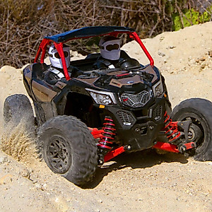 Axial Yeti Jr. Can-Am Maverick X3 RC Rock Racer 4WD Brushed Off-Road Side-by-Side 1/18 Scale RTR (Includes 2.4 Ghz Transmitter, Battery & Charger): AXI90069,Red, Gold and black