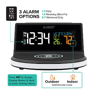 La Crosse Technology 617-84947-INT Wireless 5W Charging Alarm Clock with Glowing Base and Outdoor Sensor