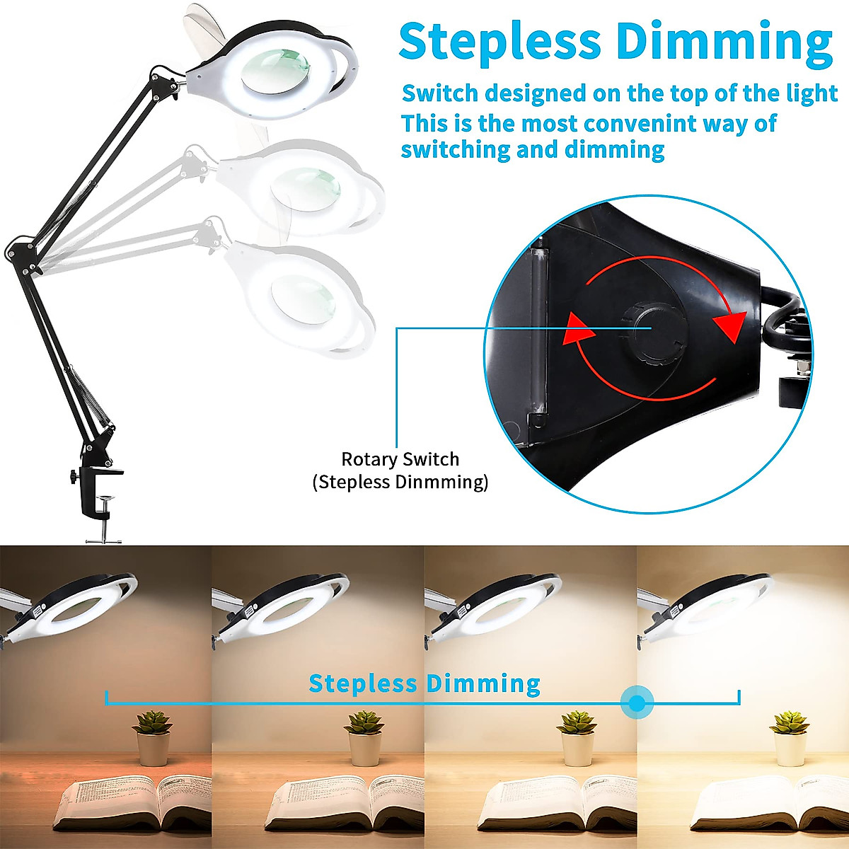 KIRKAS LED Dimmable Magnifying Lamp with Clamp, 2,200 Lumens Super Bright Magnifying Glass with Light, Adjustable Metal Swivel Arm Magnifier Desk Light for Close Work, Craft, Reading, Repair - Black
