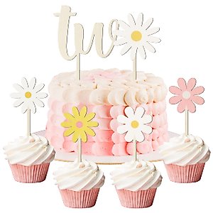 BkeeCten 5pcs Daisy Wooden TWO Cake Toppers Painted Colorful Boho Groovy Daisy Flower Dessert Cupcake Topper Decors for Kid’s Two Years Old Birthday Party Baby Shower Party Favors Supplies