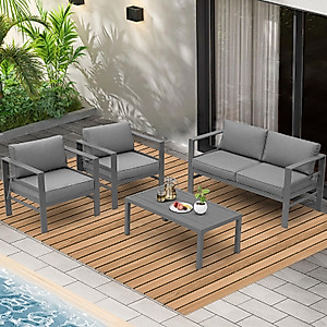 FYRICKYLINOO 4 Piece Cast Aluminum Outdoor Patio Furniture Set, All-Weather 4 PCS Modern Aluminum Outdoor Conversation Sets Metal Patio Sectional Chat Sofa with Coffee Table, Dark Gray